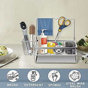 Yazoni 4 in 1 Sponge Holder for Kitchen Sink, Sponge Holder + Brush Holder + Dishcloth Hanger + Sink Stopper Holder with 2 Installation Ways, No Drilling Adhesive Sink Caddy Kitchen Sink Organizer