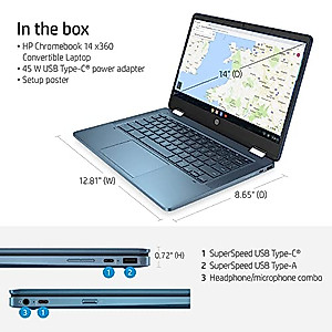 HP 2022 Newest X360 Chromebook Spin 2-in-1 Convertible Laptop Student Business, 14" HD Touchscreen, Dual Core Intel Celeron N4120 Processor, 4GB RAM, 64GB eMMC,Camera, Wi-Fi, Chrome OS+MarxsolCables