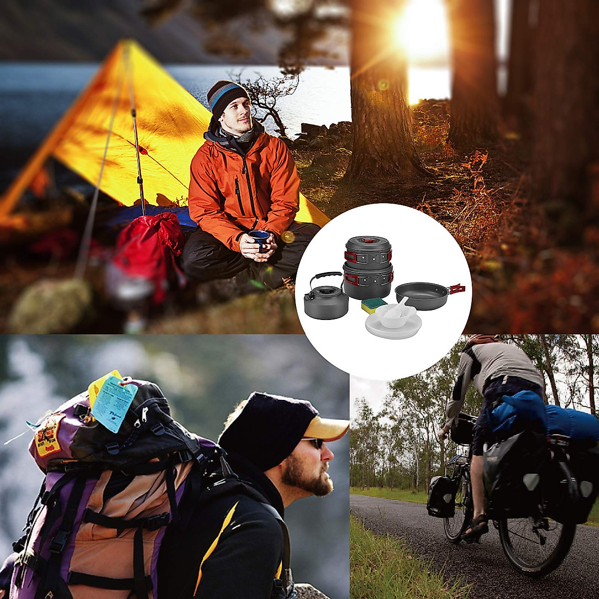 Bulin Camping Cookware Mess kit, Backpack Portable Campfire Cooking Pots Pans Kettle Set, Durable Lightweight Aluminum Cook Gear for Open Fire Hiking, Outdoor, Picnic (BPA Free Bowls, Plates)