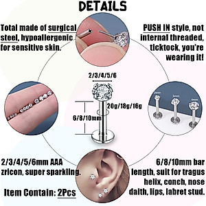 PunkTracker 16g/18g/20g Threadless Piercing Jewelry for Tragus Nose Helix Conch Medusa Lip Labret - Surgical Steel Helix Earring Cartilage Tragus Earrings Stud Nose Studs for Women Men