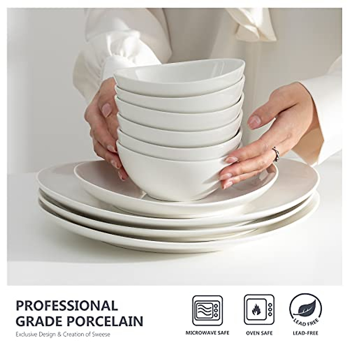 Sweese 5 Inch Porcelain Small 10 oz Bowls Set of 6, for Dessert | Ice cream | Soup | Rice | Fruits | Small Portions - Microwave, Dishwasher, and Oven Safe - White
