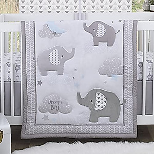 NoJo Little Love Elephant Stroll Dream Big Clouds and Stars with Chevron Border 3 Piece Nursery Crib Bedding Set - Comforter, Fitted Crib Sheet, and Crib Skirt