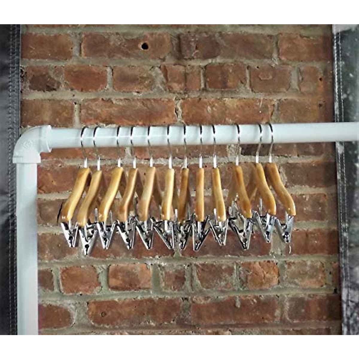 NAHANCO MINI8RC12 Deluxe Flat Wooden Pet, Doll Clothes, Accessory, Jewelry Hanger with Chrome Hook Ball end with Clips, 8", Natural (Pack of 12)