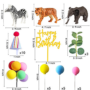 Safari Animal Cake Toppers with Mini Birthday Party Hat Color Balls Cake Decorations for Jungle Wild Themed Baby Shower Birthday Party Supplies