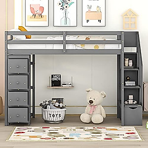 SOFTSEA Twin Loft Bed with Staricase and 4 Storage Drawers Solid Wood Loft Bed with Shelves