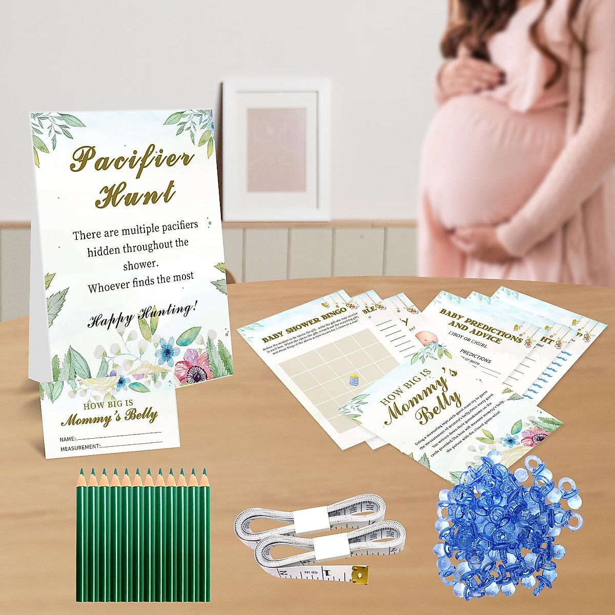 OLOUTAB Baby Shower Games Set-8 Games,Fun and Easy to Play,Includes Baby Shower Bingo,Price is Right,Guess Who Mommy or Daddy,Word Scramble,Prediction and Advice,How Big is Mommys Belly,Pacifier Hunt