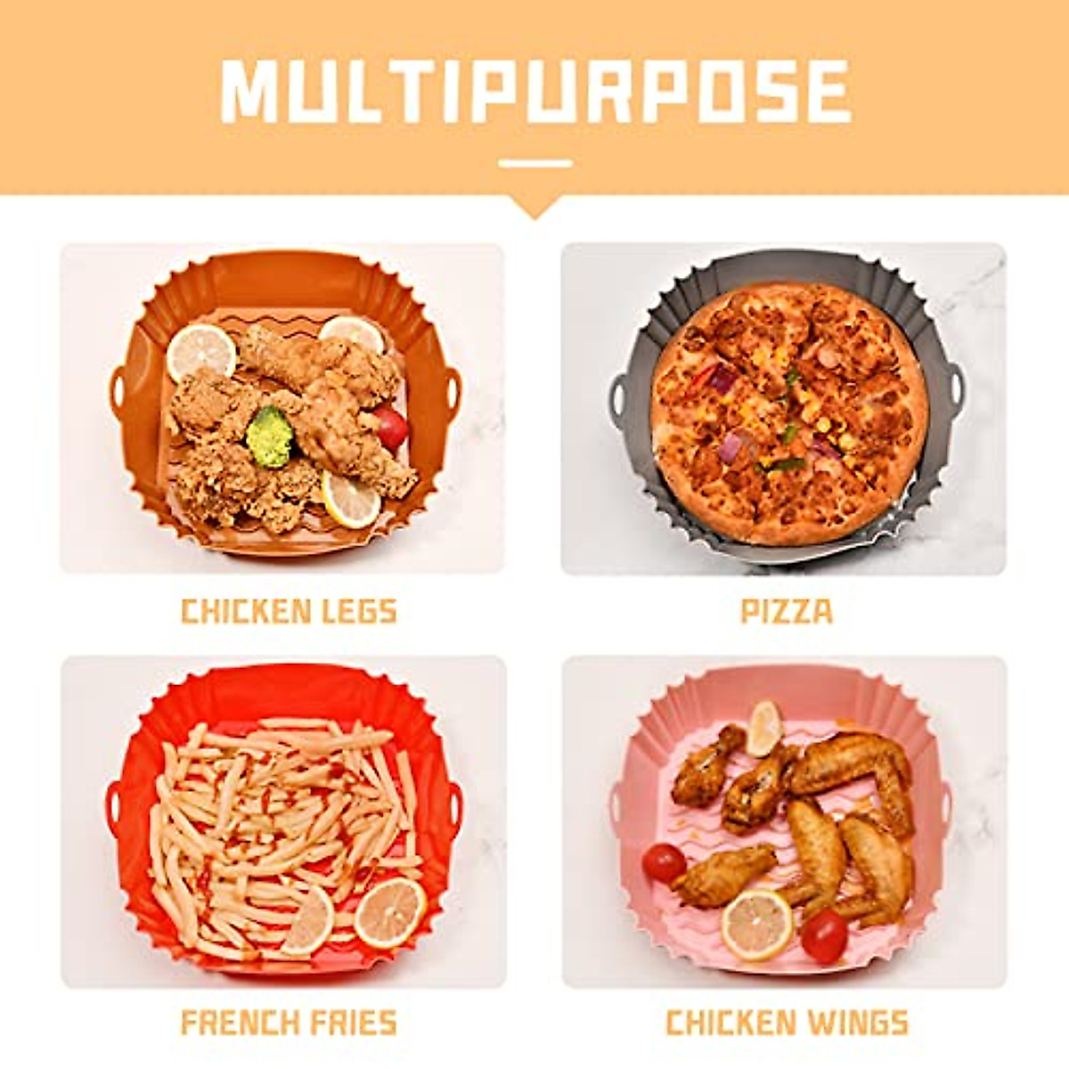 2 Pcs Air Fryer Square Silicone Liners, 8 inch for 4 to 7QT Reusable Silicone Pot for Air Fryer Basket Easy Clean or Oven Microwave Air Fryer Accessories Basket (Grey+Pink)