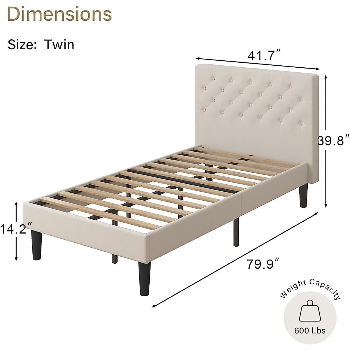 Twin Bed Frame with Fully Piece Headboard, Linen Upholstered Platform Bed with Wooden Slats, No Box Spring Needed, Easy Assembly, Beige
