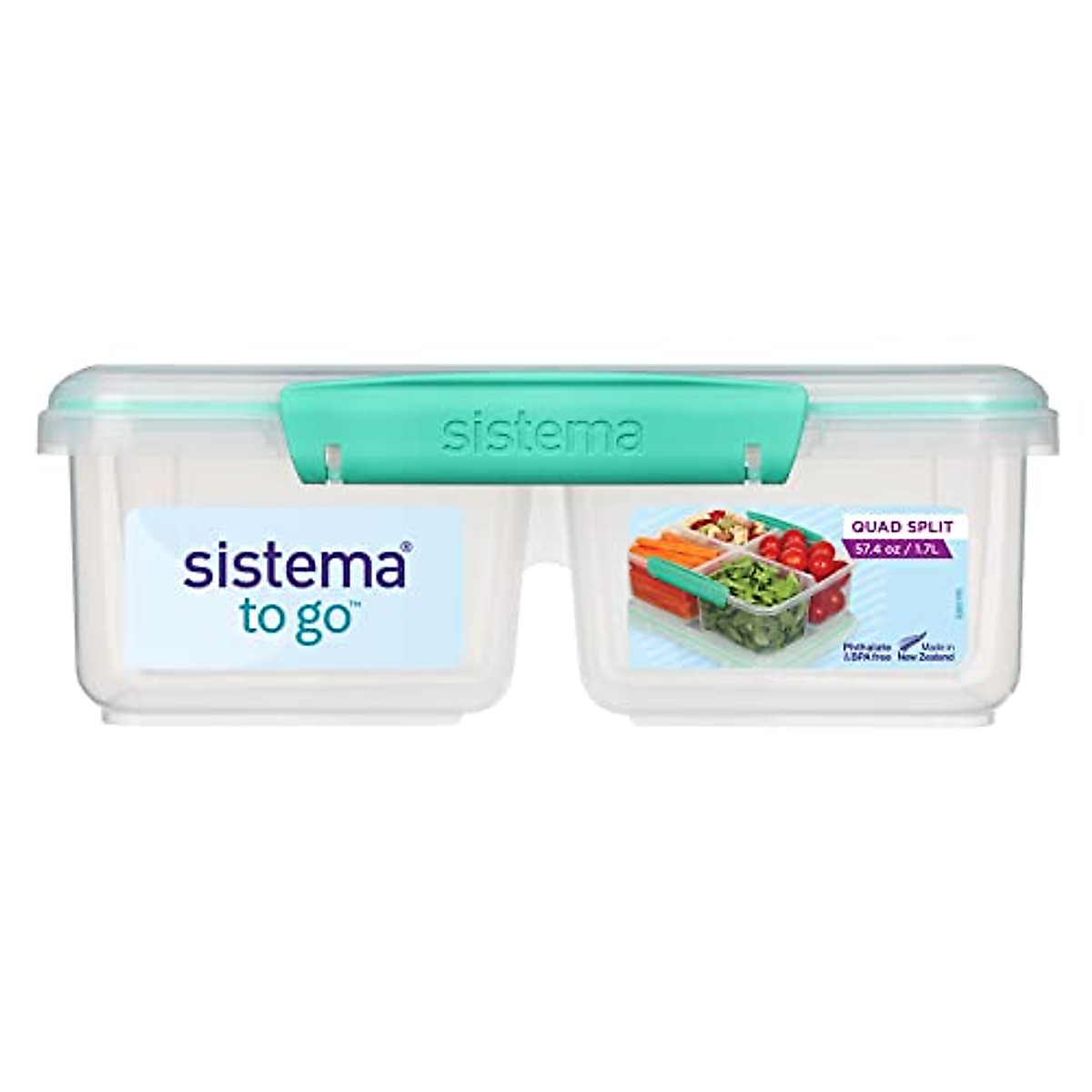 Sistema 1007708 To Go Quad Split Food Storage Container, Clear with Coloured Clips, 1.7 L