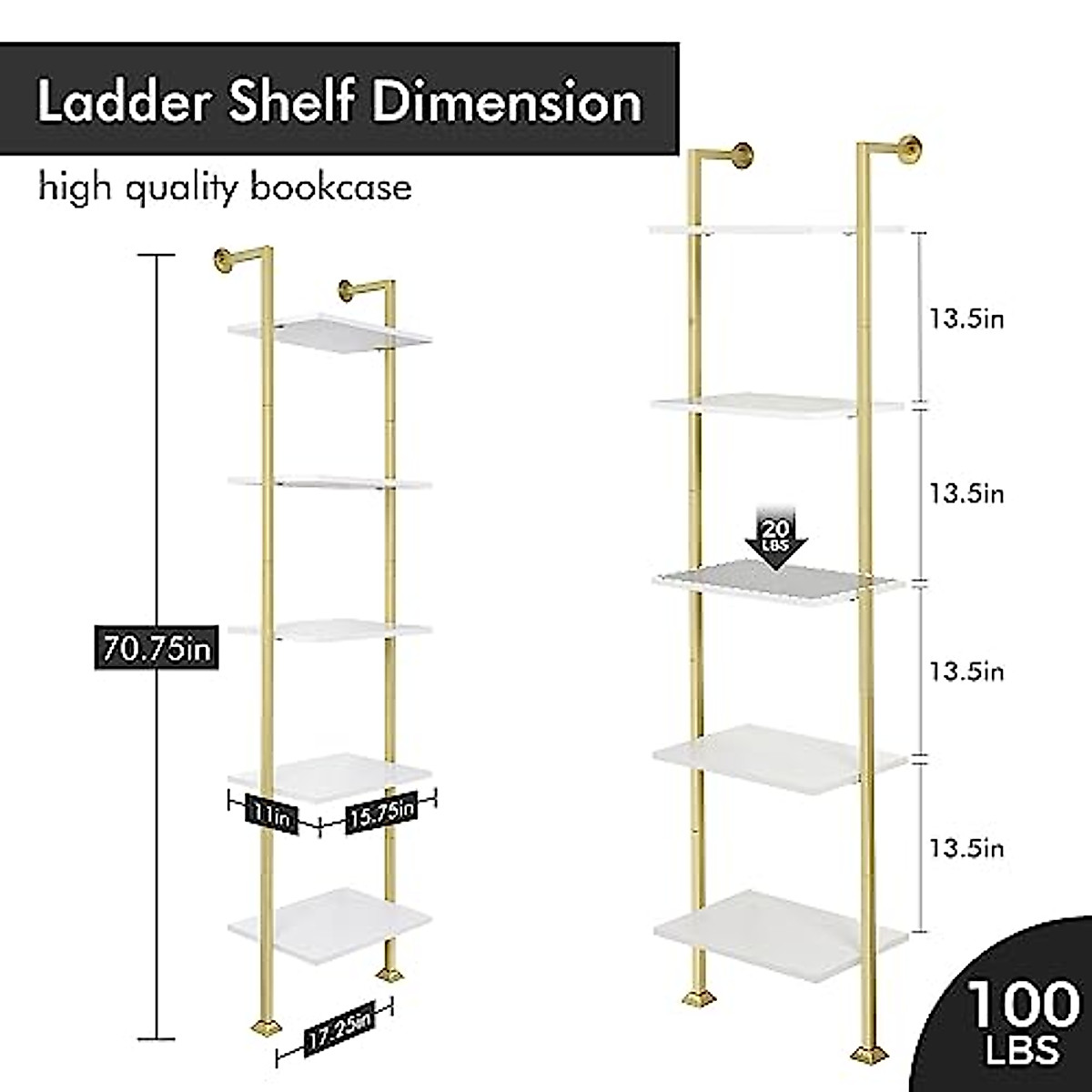 Axeman 5-Tier Ladder Bookcase, Tall Narrow Bookshelf for Small Spaces, Modern Book Storage Organizer Case Open Shelves for Bedroom, Living Room, Office, Library, Gold Metal Frame and White Shelf