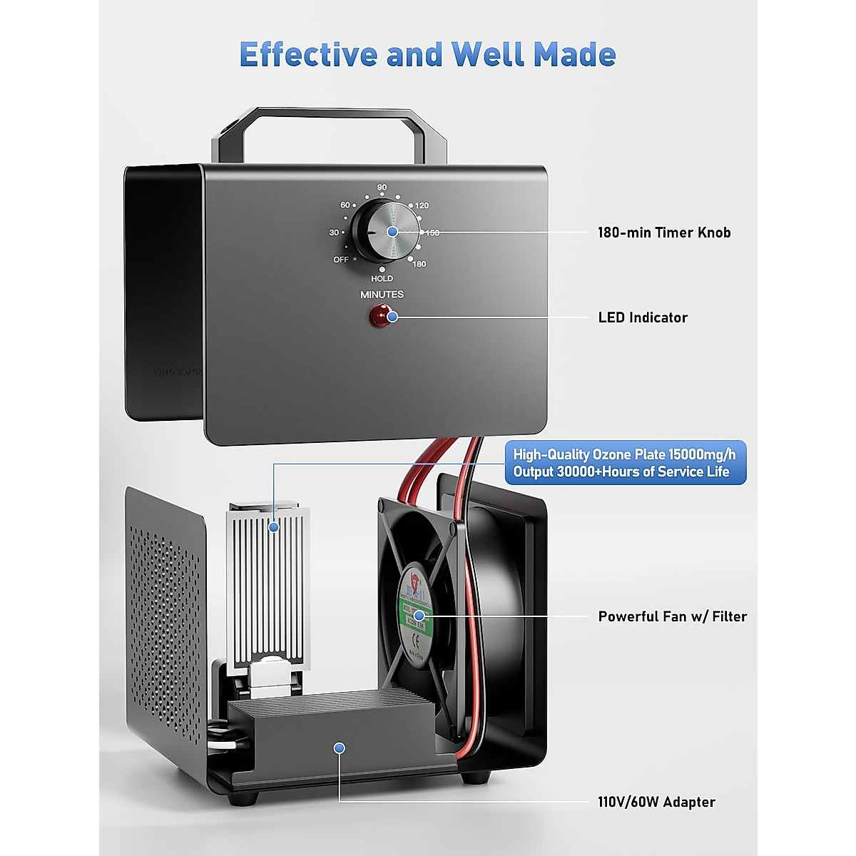 [Strong Ozone 2000 Sq Ft] Ozone Machine Odor Removal 15000mg/h, Ozone Generator Odor Eliminator for Home, Ozone Odor Eliminator, Ionizer Air Purifier Ozone for Home, Car, Smoke, and Pet Room - Black