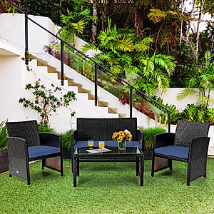 Toolsempire Outdoor Furniture Set with Water-Resistant Cushion & Tempered Glass Table, 4 Pieces Wicker Conversation Set with Ergonomic Curved Design, Outdoor Rattan Chair for Balcony, Porch(Navy Blue)