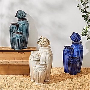 Glitzhome 27.25" H Outdoor Garden Water Fountain with LED Lights and Pump, 4 Tier Cobalt Blue Embossed Pattern Ceramic Pots Cascading Floor-Standing Fountain for Porch Deck Patio Backyard Decoration