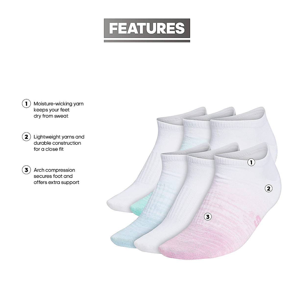 adidas Womens Superlite Badge of Sport (6-pair) No Show Sock, White/Bliss Orchid/Clear Blue, Medium US