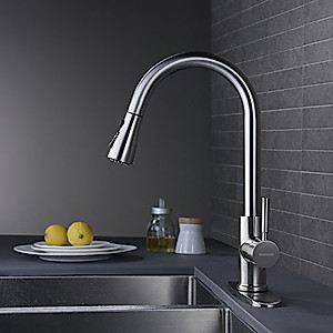 WEWE Single Handle High Arc Brushed Nickel Pull Out Kitchen Faucet,Single Level Stainless Steel Kitchen Sink Faucets with Pull Down Sprayer