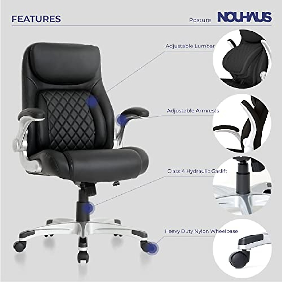 Nouhaus +Posture Ergonomic PU Leather Office Chair. Click5 Lumbar Support with FlipAdjust Armrests. Modern Executive Chair and Computer Desk Chair (Black)