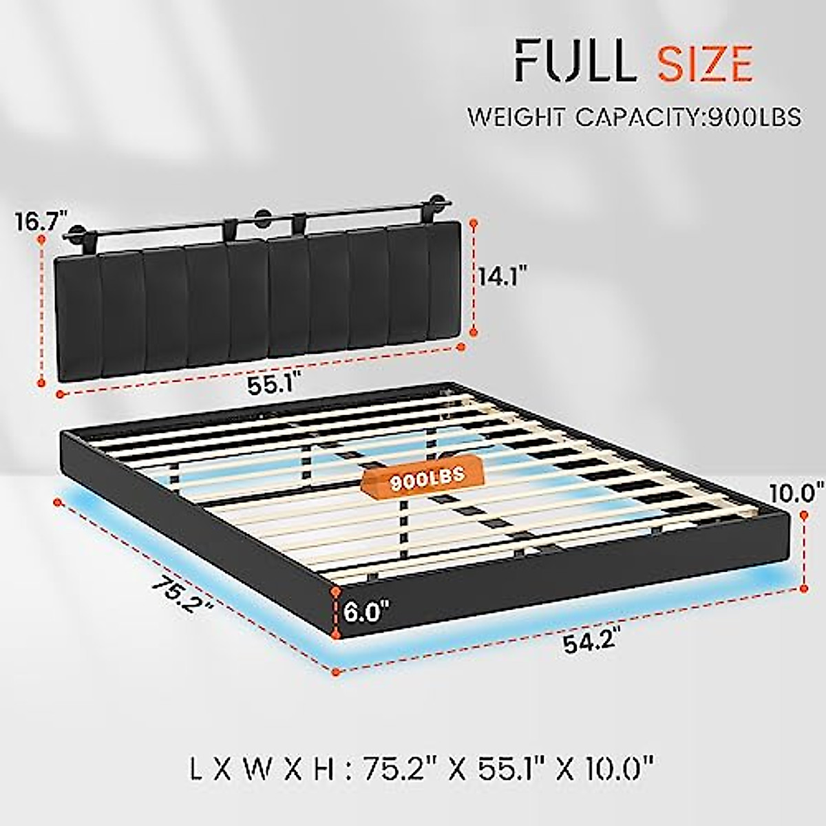 Hasuit Full Floating Bed Frame with Led Light, Modern Inspired Full Size Platform Bed, Vegan Leather Upholstered Wall Mounted Headboard, No Box Spring Needed, Noise Free, Easy Assembly