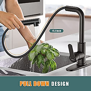 Kitchen Faucets, Matte Black Faucet with Pull Down Sprayer and Deck Plate, Stainless Steel Commercial Utility Faucets for Sink 3 Hole Bar Rv Camper Laundry Outdoor Farmhouse