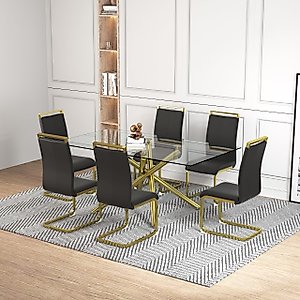 WEKEOT Modern 71’’ Dining Table Set for 6 Kitchen Table Set Kitchen Table and Chairs Tempered Glass Table and Chairs Dining Room Table Set comedor de 6 sillas y mesa(Golden Table, 6 Black Chairs)