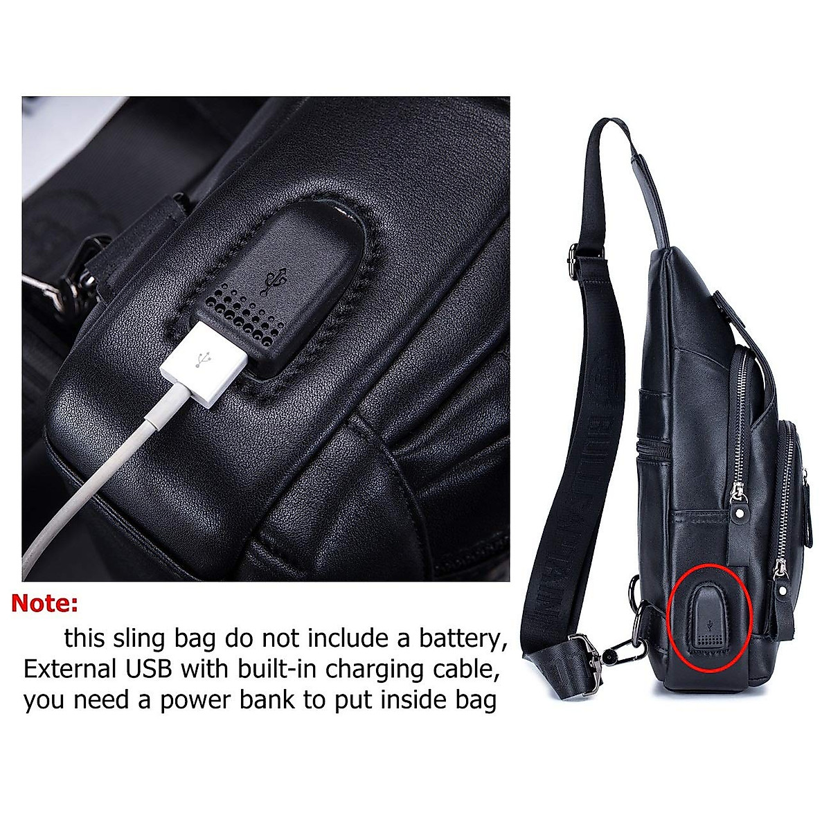 BULLCAPTAIN Genuine Leather Mens Sling Bag Multipurpose Travel Crossbody Chest Bag Daypacks with USB Charging Port (Black)