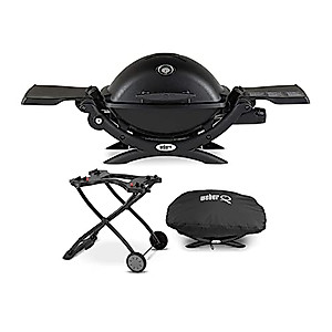 Weber Q 1200 Gas Grill - LP Gas (Black) with Portable Cart and Grill Cover Bundle (3 Items)