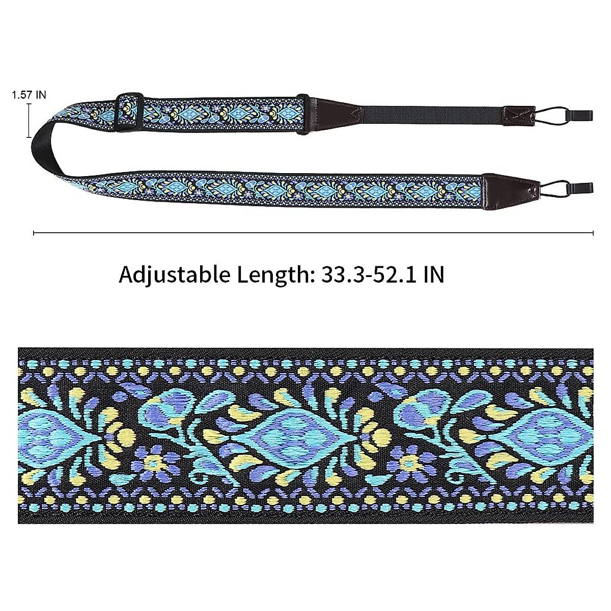 Eyeshot Ukulele Strap No Drill, Adjustable Double J Hook Clip on Uke Shoulder Strap, Hawaiian Jacquard Blue Flower Hands Free Ukelele Strap, Easy to Use and Fit Most Standard Uke Sizes
