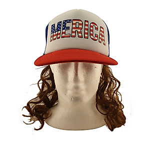 HandinHandCreations USA Mullet Hat Brown Wig Merica Redneck 4th of July All American Costume One Size Fits All - Cotton Hat