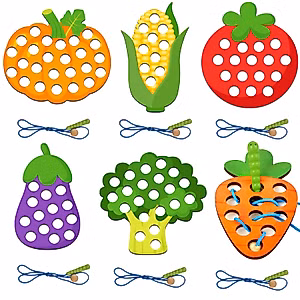 6 Pcs Lacing Toy Toddlers, Vegetable Wooden Threading Toys, Educational and Learning Montessori Activity Baby and Kids, Fine Motor Skill Toys, Pumpkin, Corn, Tomato, Eggplant, Broccoli, Carrot