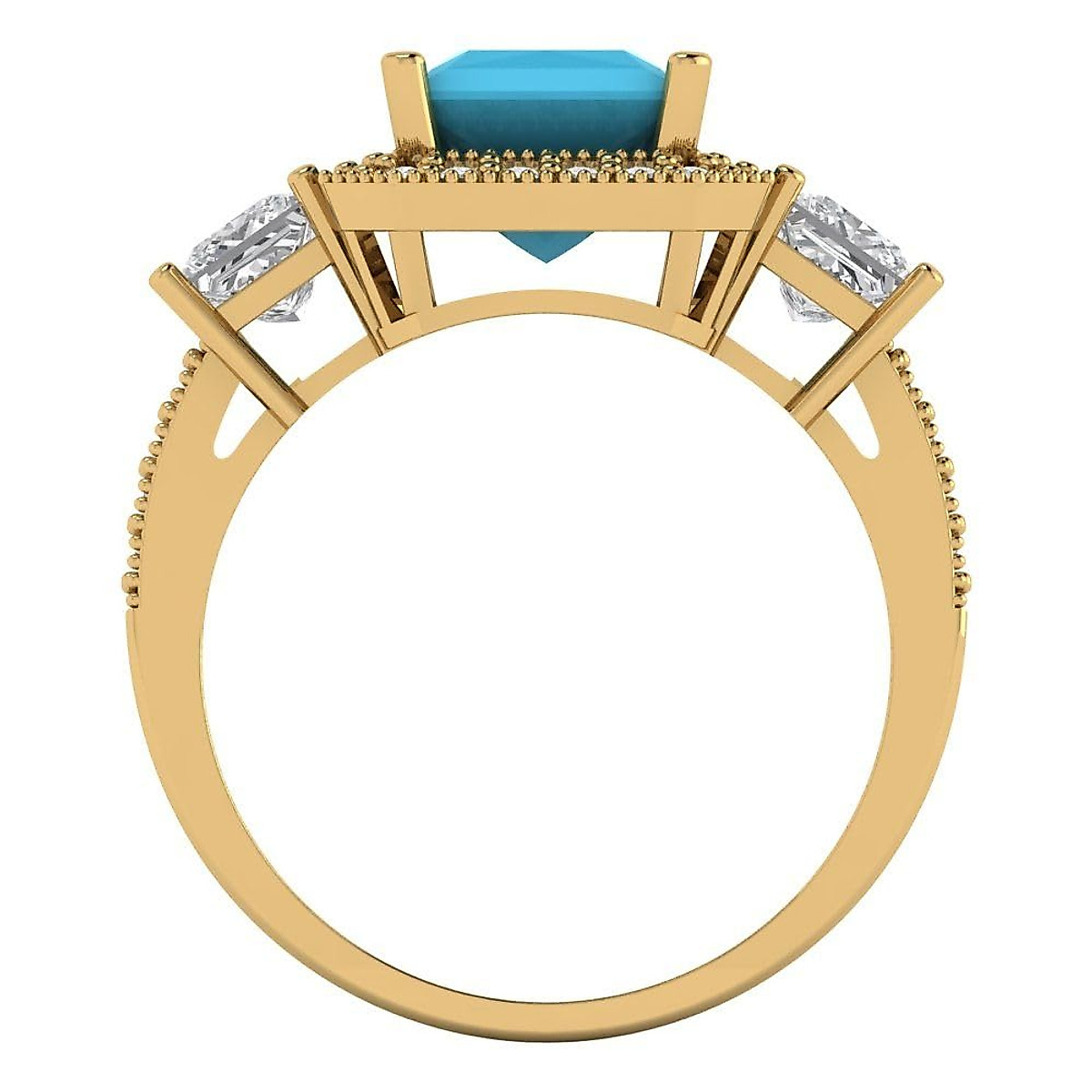 Clara Pucci 2.93 ct Cushion Cut Halo 3 stone Genuine Simulated Turquoise Engagement Promise Anniversary Bridal Ring 18K Yellow Gold 5.25