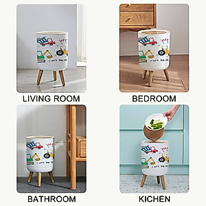 KCDCYCZEAL Small Trash Can with Lid Cute Construction Trucks for Kids Round Recycle Bin Press Top Dog Proof Wastebasket for Nursery Playroom Bedroom Office 7L/1.8 Gallon