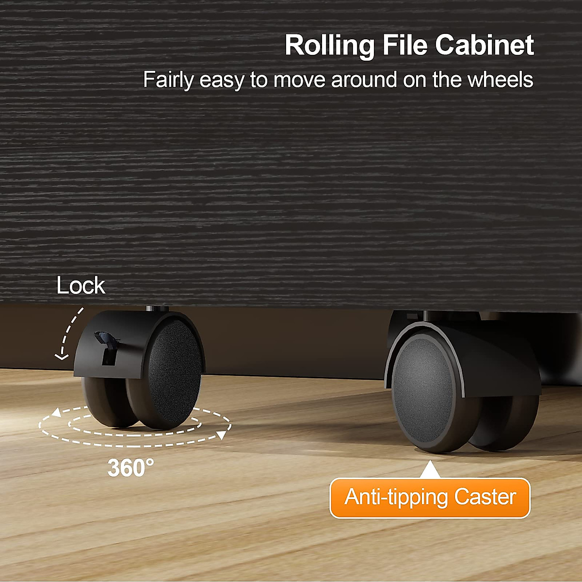 VINGLI 2-Drawer Small Rolling File Cabinet with Lock, Wood Filing Cabinet for Hanging Letter Size Filings with Tabs, Mobile Under Desk File Cabinet for Home Office, Classic Black, 27.2" H