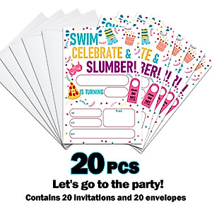haipino Pool Swim Slumber Birthday Party Invitations, Water Slide Pool Birthday Party Invite for Kids Girls Boys, Summer Birthday Party Celebration Supplies, 20 Invitations with Envelopes - JY760