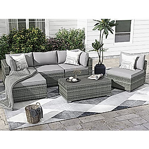 GYUTEI Patio Furniture Sets 6 Pieces Outdoor Sectional Sofa, Hand-Woven Wicker Patio Conversation Set with Coffee Table,Backyard Sets with Washable Cushions for Deck Garden(Grey)