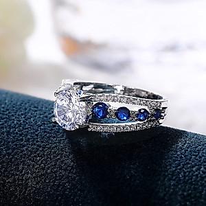 hsiyyecg Blue & White Circular Cut CZ Crystal Halo Statement Rings Women Fashion Silver Plated Engagement Wedding Jewelry (US Size 7)