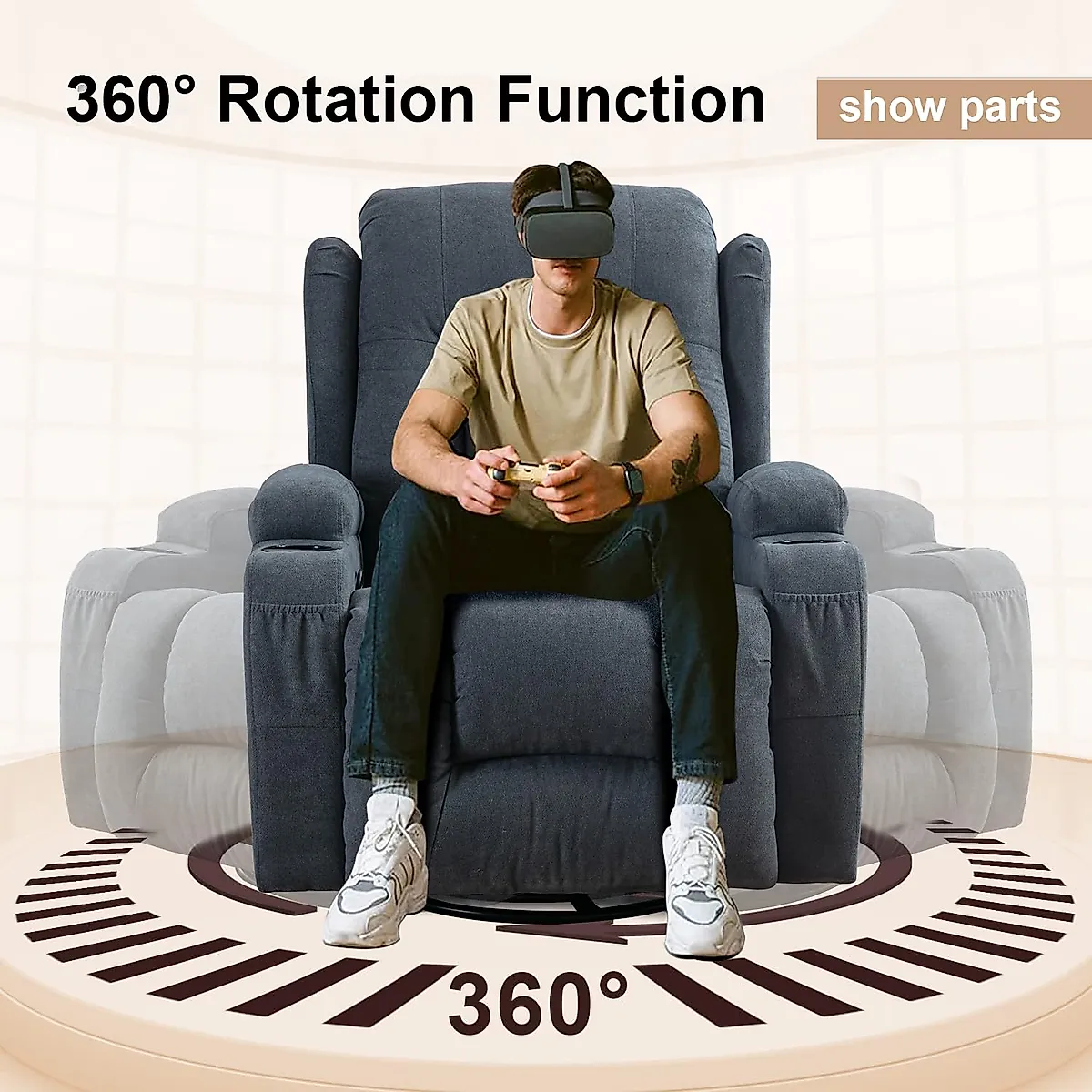 IPKIG Recliner Chair, Massage Swivel Rocker Recliner Chairs with Vibration Massage and Heat, Rocking Function, Side Pocket, 2 Cup Holders, Lumbar Pillow, Ergonomic Lounge Chair for Living Room (Blue)