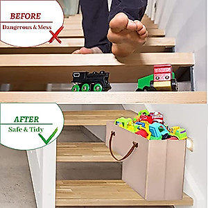 2 Pack Stair Basket with Handle, Foldable L-Shape Felt Storage Basket with 4 Pcs Supporting Insert for Carpeted Stairs, Large Staircase Organizer with Handle for Toys, Laundry, Household Items (Beige)