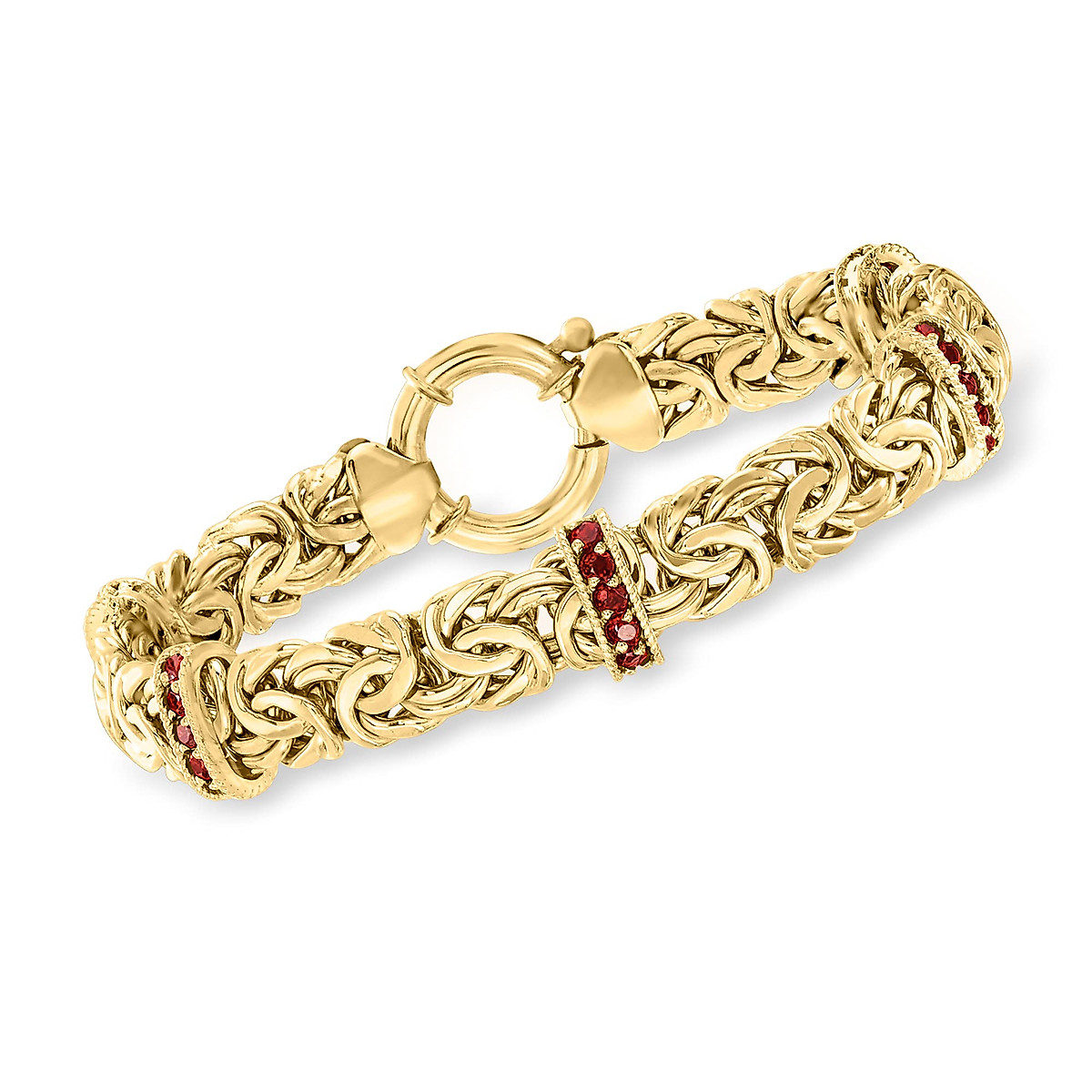 Ross-Simons 1.50 ct. t.w. Garnet Station Byzantine Bracelet in 18kt Gold Over Sterling. 7 inches