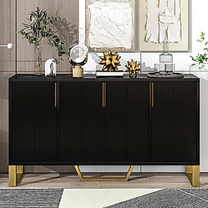 LUMISOL Sideboard Buffet Cabinet, Modern Kitchen Sideboard with 4 Doors, Wooden Storage Cabinet with Metal Base and Marble Sticker Desktop, Mid Century Console Table for Dining Living Room, Black