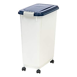 IRIS USA 35 Lbs / 47 Qt WeatherPro Airtight Pet Food Storage Container with Attachable Casters, For Dog Cat Bird and Other Pet Food Storage Bin, Keep Pests Out, Easy Mobility, BPA Free, Navy/Pearl