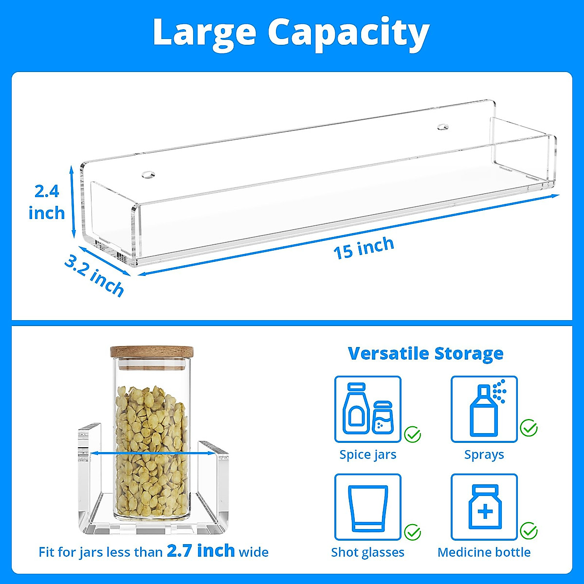 NIUBEE Wall Mounted Spice Rack Organizer,Clear Acrylic Spice Shelf Storage Holder,Hanging Seasoning Rack Organizer for Wall Kitchen 4 Pack