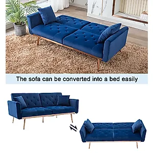 SLEERWAY Velvet Futon Sofa Bed with 5 Golden Metal Legs, Sleeper Sofa Couch with Two Pillows, Convertible Loveseat for Living Room and Bedroom, Blue