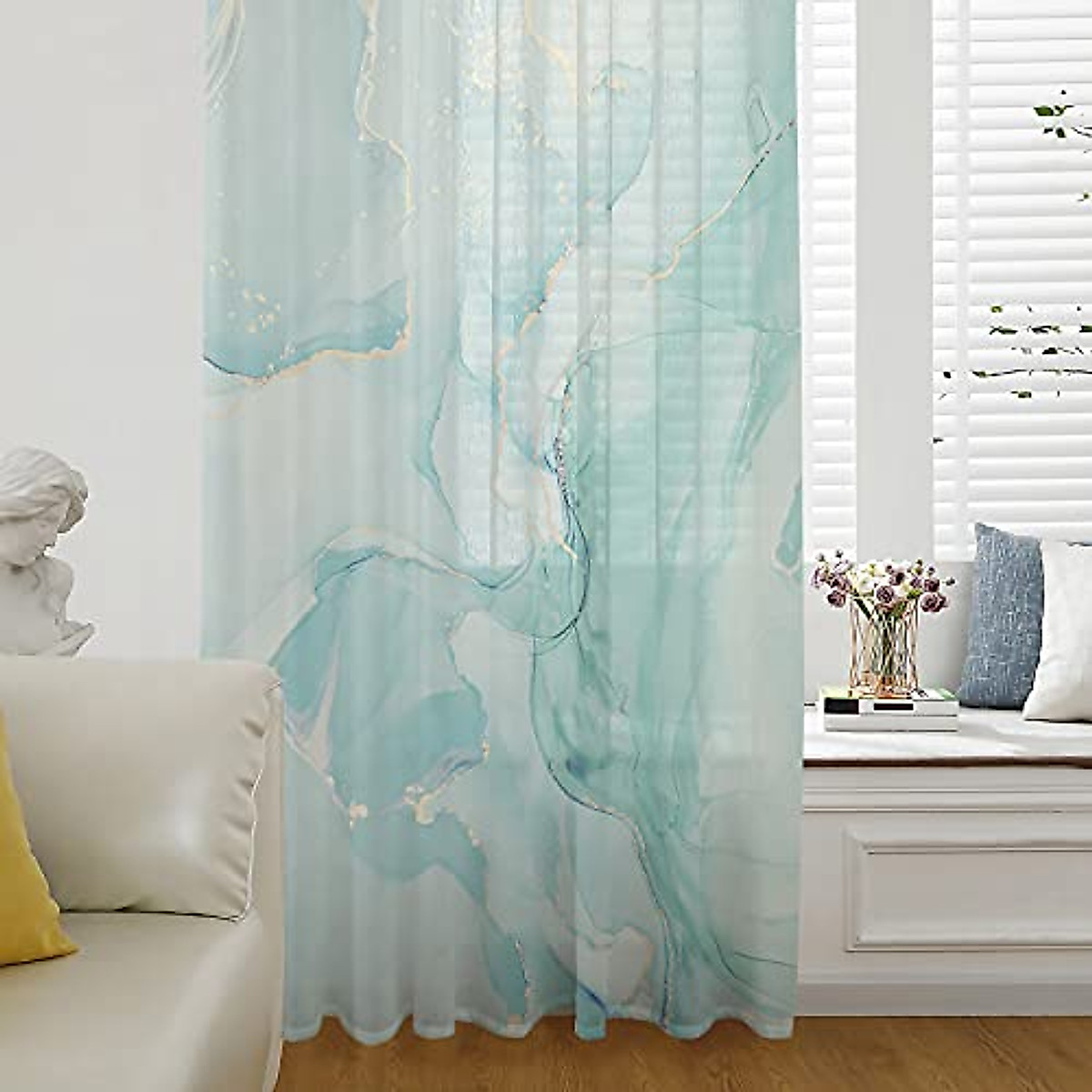 Chiffon Sheer Curtains & Drapes 54 Inch Long, Lightweight Breathable Voile Window Curtain Panels Turquoise Green Marble with Gold Glitter Splatter Curtains Backdrop Drapes for Livingroom Wedding