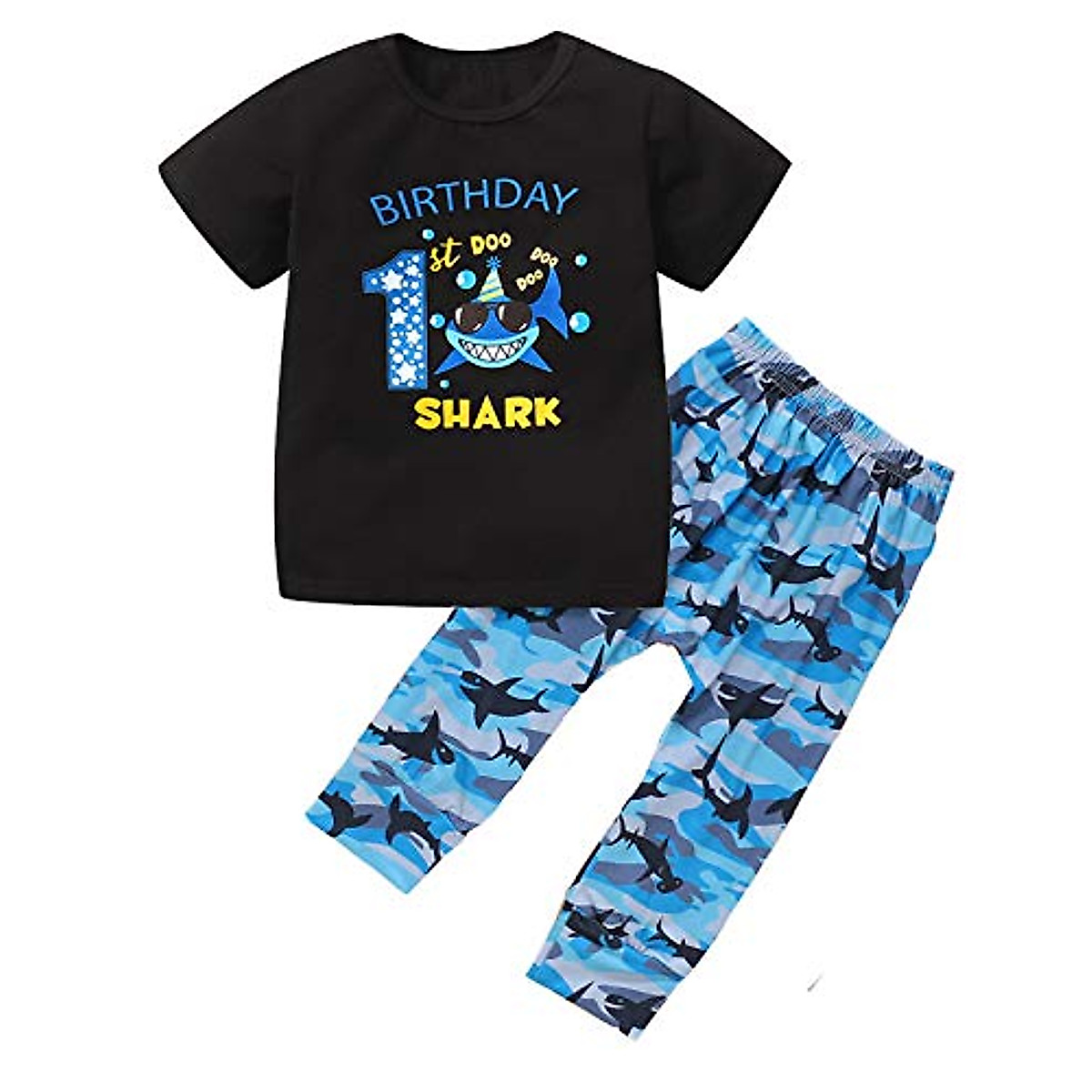 Detigee Baby Boy First Birthday Outfit Toddler Birthday Shark Pant Clothing Set (Black09,12-18 Months)