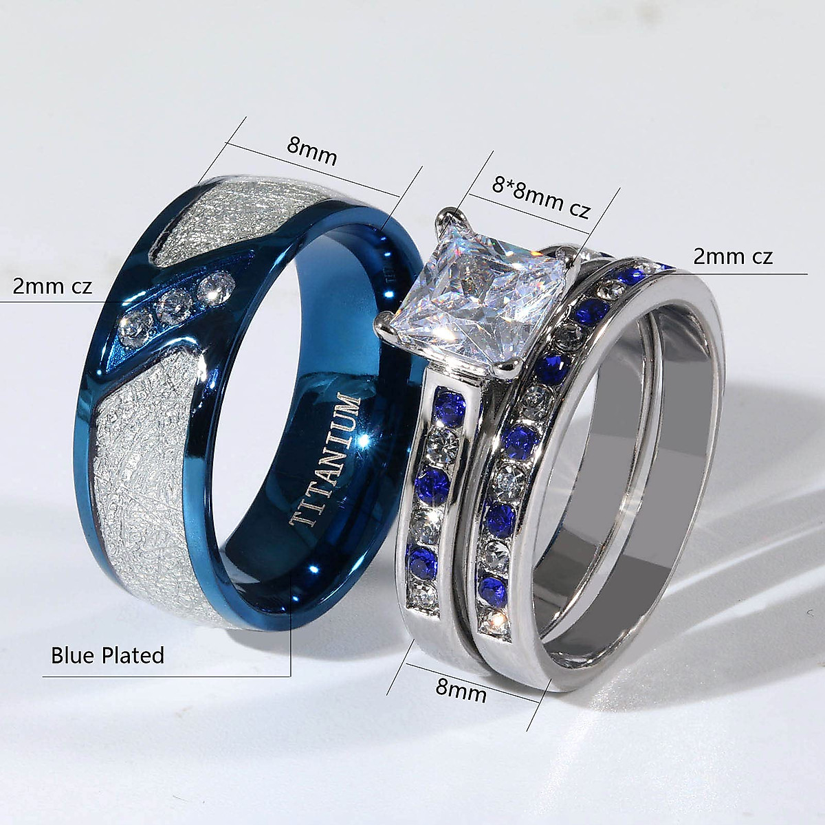 ringheart 2 His and Hers Ring Couple Rings White Gold Plated Princess Cut Cz Womens Wedding Ring Sets Red Titanium Steel Mens Wedding Bands