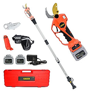 Cordless Pruning Shears, Electric Pruner with 7.5 Foot High Reach Extension Pole, Tool Belt, 2 Pack 21V Lithium Battery, Titanium Plated SK5 Blades, 1.2 Inch Cutting Diameter, LCD Display Screen