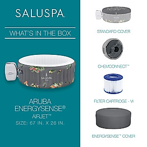 Bestway SaluSpa Aruba AirJet Large Round 2 to 3 Person Inflatable Hot Tub Portable Outdoor Spa with 110 AirJets and EnergySense Cover, Grey