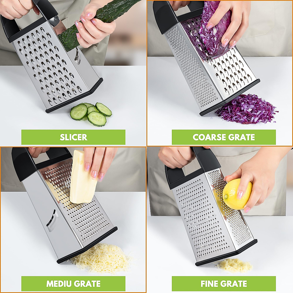 Urbanstrive Cheese Grater With Container, Professional Cheese Grater with Handle, Stainless Steel Graters for Kitchen Handheld, Box Grater with 4 Sides for Vegetables, Ginger, Potatoes, Black