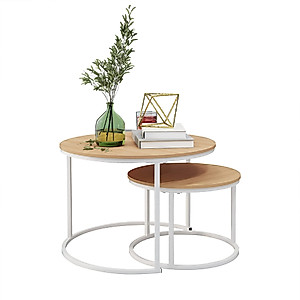 HOJINLINERO Industrial Round Coffee Table Set of 2 End Table for Living Room,Stacking Side Tables, Sturdy and Easy Assembly,Wood Look Accent Furniture with Metal Frame,White+Teak OAKDK