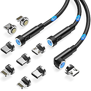 3 in 1 Magnetic Phone Charger, 360°&180° Rotation Magnetic Charging Cable [3Pack-6FT/6FT/6FT] USB Magnetic Cable Nylon Braided Magnet Charger Cord Compatible with iPhone, Micro USB, Type C Device