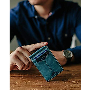 SERMAN BRANDS RFID Blocking Wallet Slim Bifold - Genuine Leather Minimalist Front Pocket Wallets for Men with Money Clip Gift (Arctic Blue Rogue)